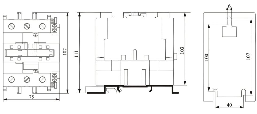 cote gabarit (contactor forta cu bobina tip LX1-D6) - Elvon Electric